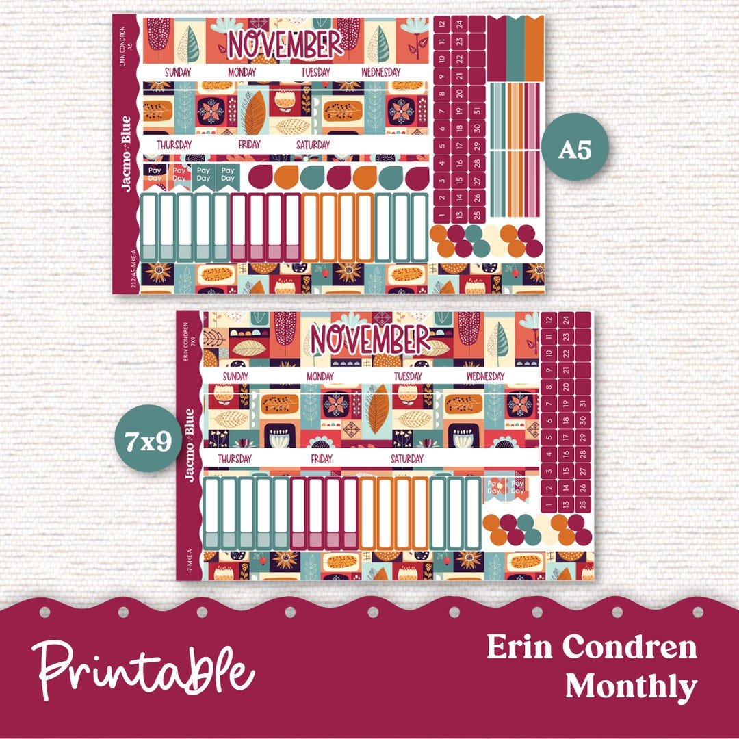 PRINTABLE November Monthly Planner Stickers for Erin Condren 7x9 and A5 ...