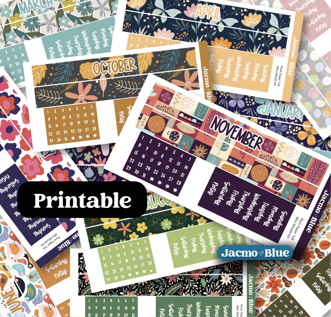 Printable 7x9 Kits Plum Paper Sticker Mini Monthly Kit 202 - All 12 ...