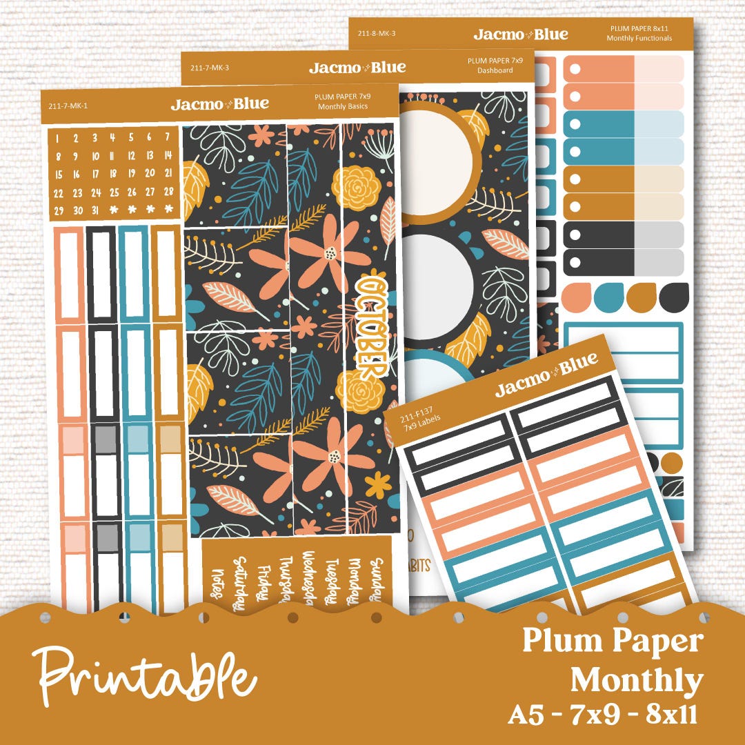 PRINTABLE Plum Paper Planner Monthly Stickers October 8x11 7x9 A5 Print ...