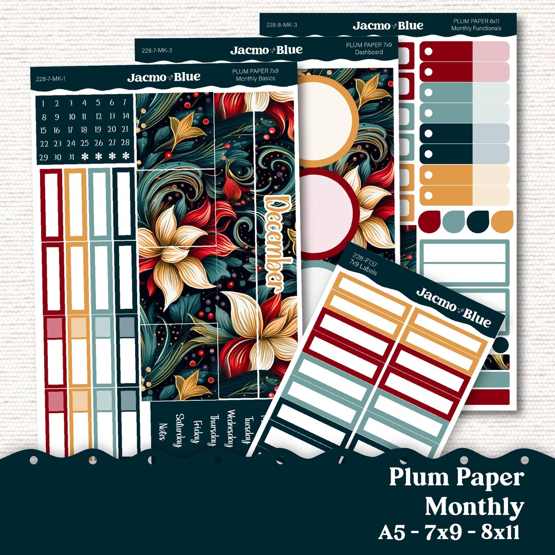 December Swirls Plum Paper Monthly Sticker Kit for 8x11 7x9 A5 Planners ...