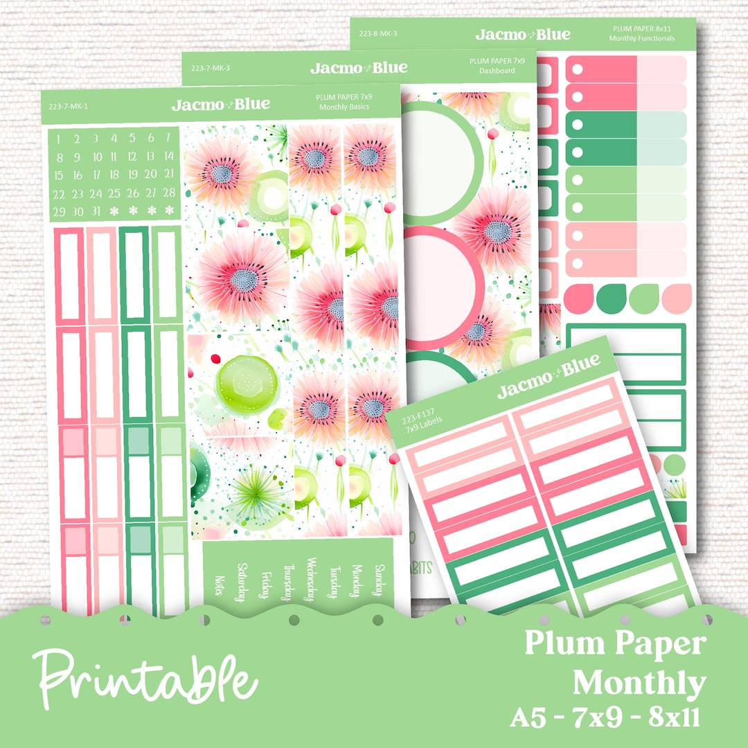 Printable Carefree Plum Paper Planner Monthly Stickers 8x11 7x9 A5 ...