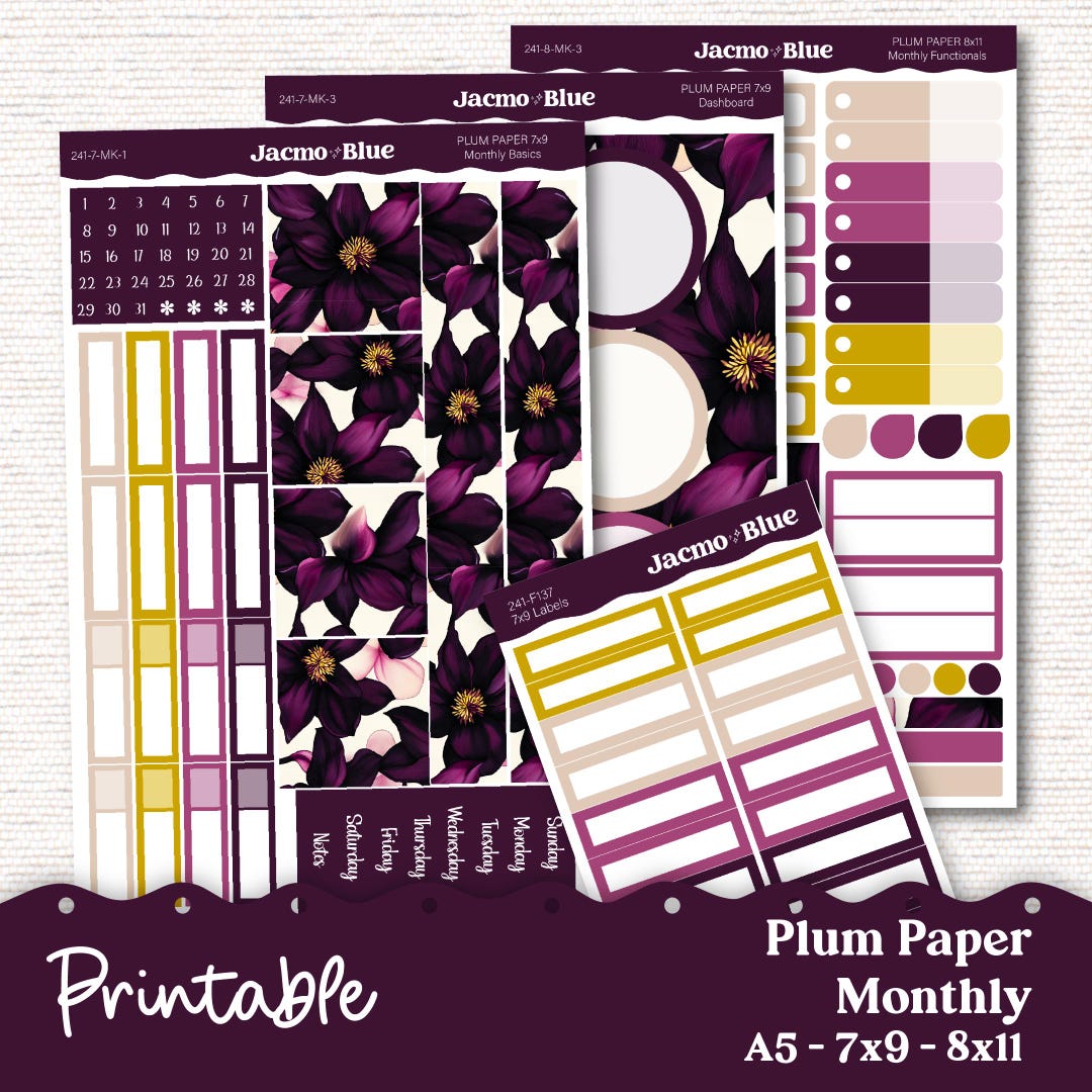 Printable Plum Paper Planner Monthly Stickers 8x11 7x9 A5 Print Cut ...