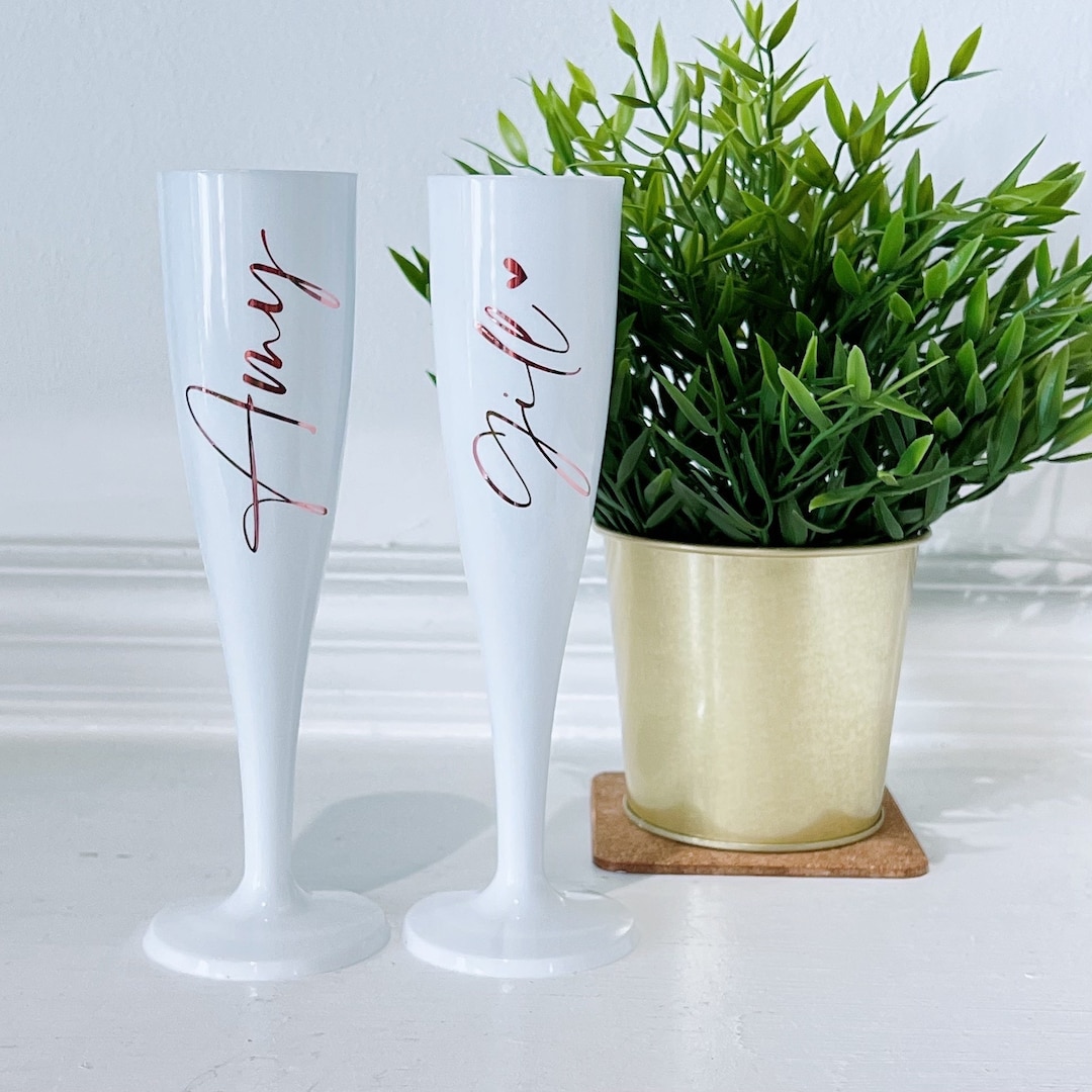 Personalized White Champagne Flutes: Biodegradable Hen Party Favors ...