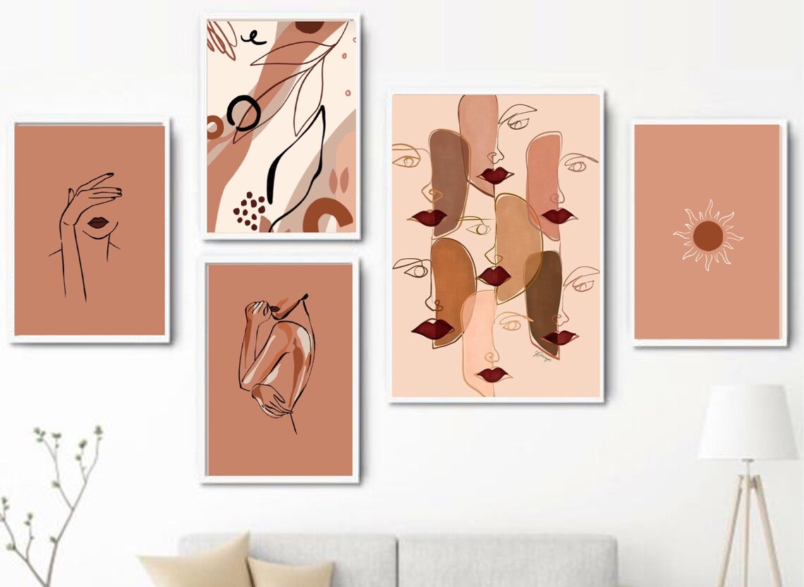 Wall Art Set of 5 Abstract Boho Art Set of 5 Prints Mid | Etsy