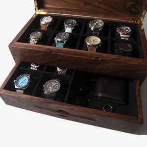 Watch Box With Drawer Solid Black Walnut 12 to 16 Watch Compartments ...