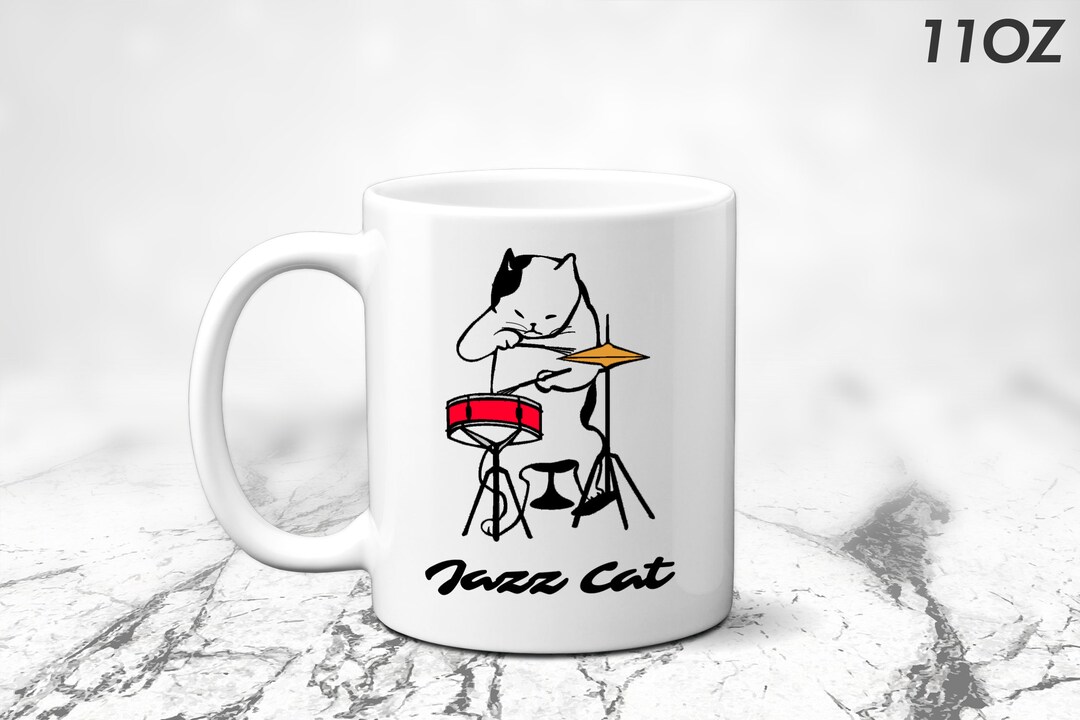 Cat Drummer Mug White Ceramic 11 OZ Mug Home Music Kawaii Drums Drummer ...