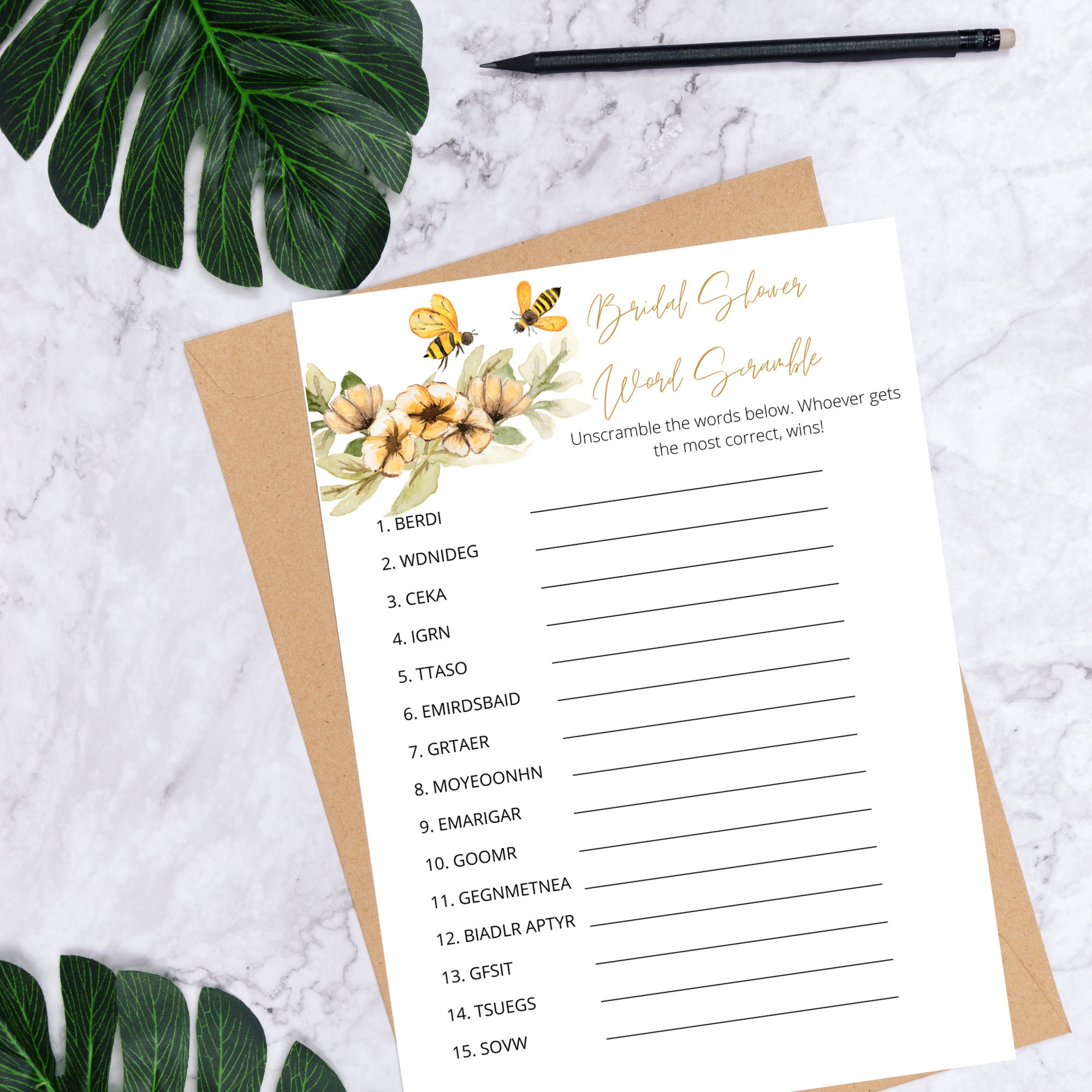 Bee Theme Bridal Shower Games Printable | Word Scramble Shower Game ...