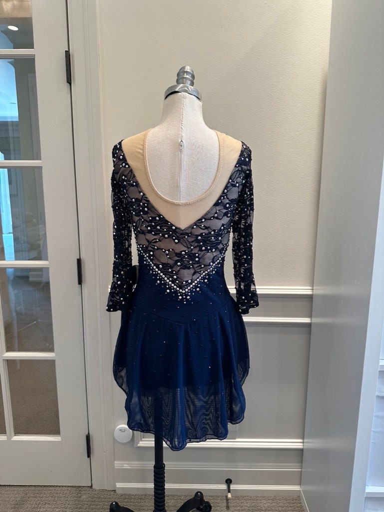 Navy Blue Figure Skating Dress With Lace and 3/4 Sleeves - Adult M - Etsy
