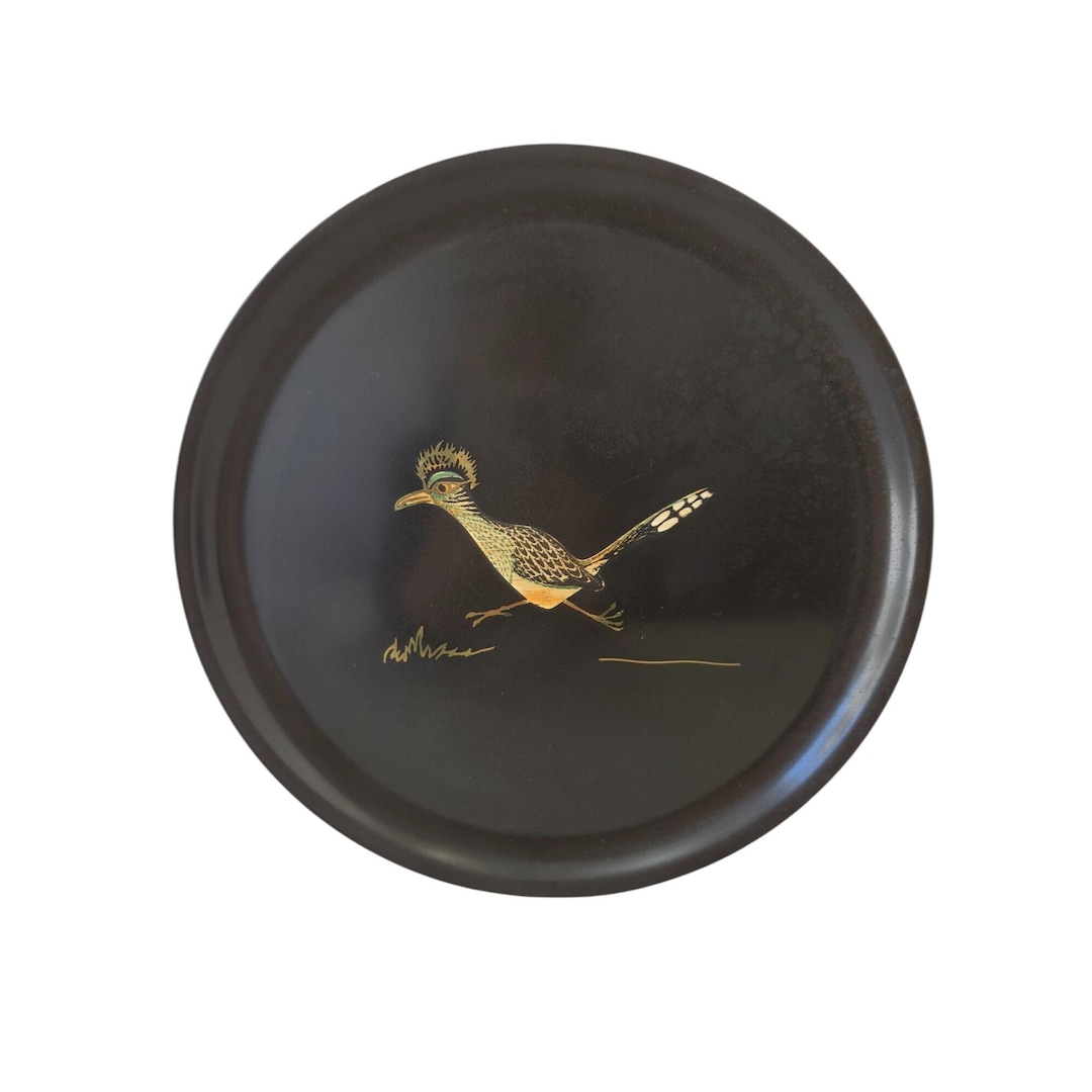 Couroc 60s Round Black Tray Hand Inlaid Wood Roadrunner Design Diameter ...