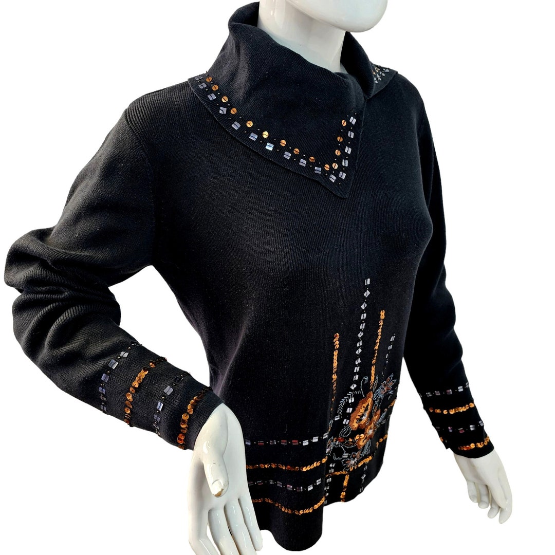 Y2K KIKIT Embellish Black Sweater Cotton Knit Bead Embroider High ...