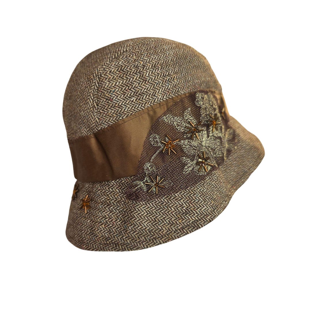 Nest Y2K Brown Wool Herringbone Cloche Bucket Hat Hand Embellished Silk ...