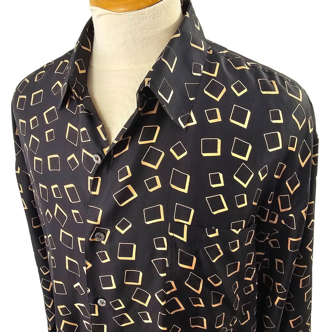 Stock Options Long Slv Silk Shirt Mens XL Gold Abstract on Black Button ...