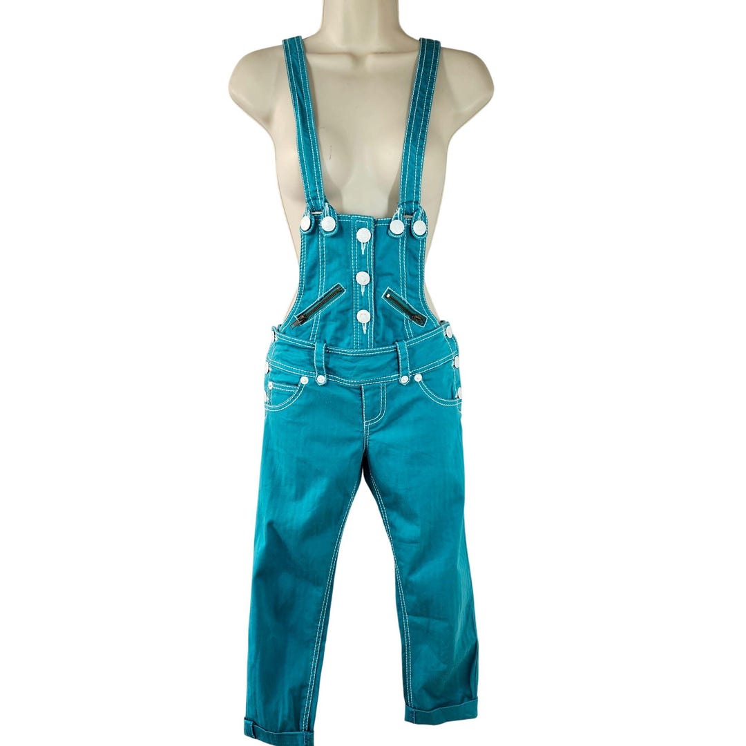Y2K Turquoise Denim Overall Sz 2 Cross Back Straps Cyber Rave Harajuku ...