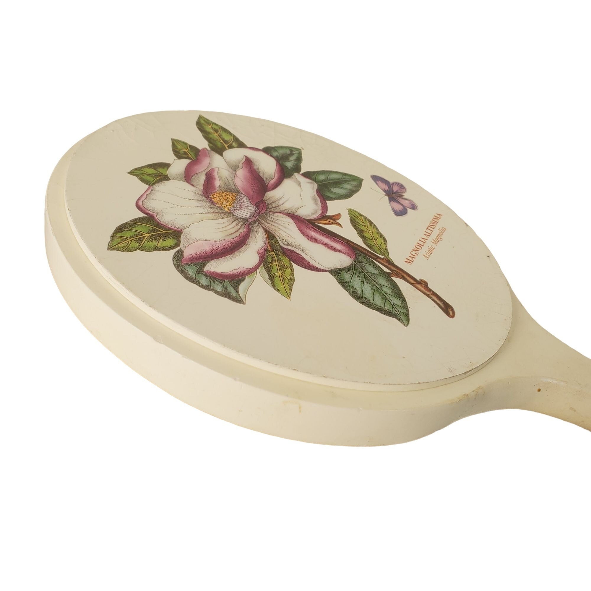 Vintage Ivory Painted Wood Hand Mirror Magnolia Altissima Flower Gloss ...