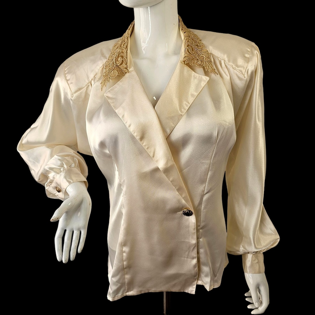 Nilani 80s Ivory Satin Blouse Women 12 Gold Lace Collar & Button Detail ...