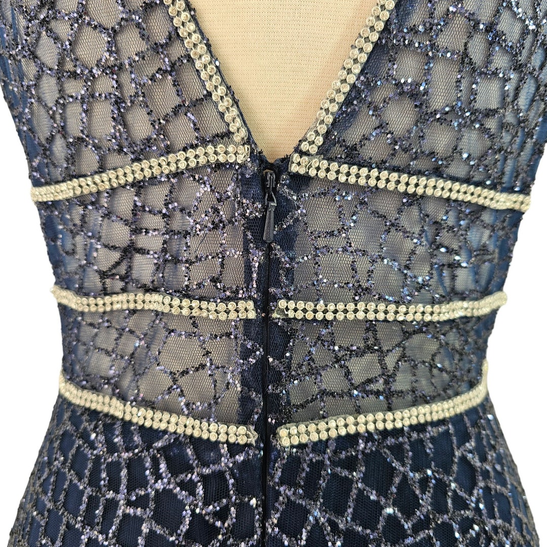 90s May Queen Couture Prom Formal Gown Navy Sequin Voile Rhinestone ...