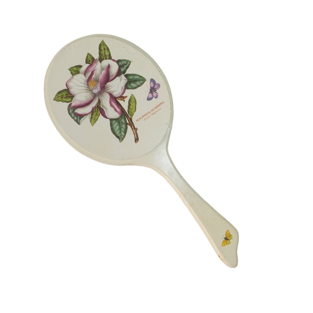Vintage Ivory Painted Wood Hand Mirror Magnolia Altissima Flower Gloss ...