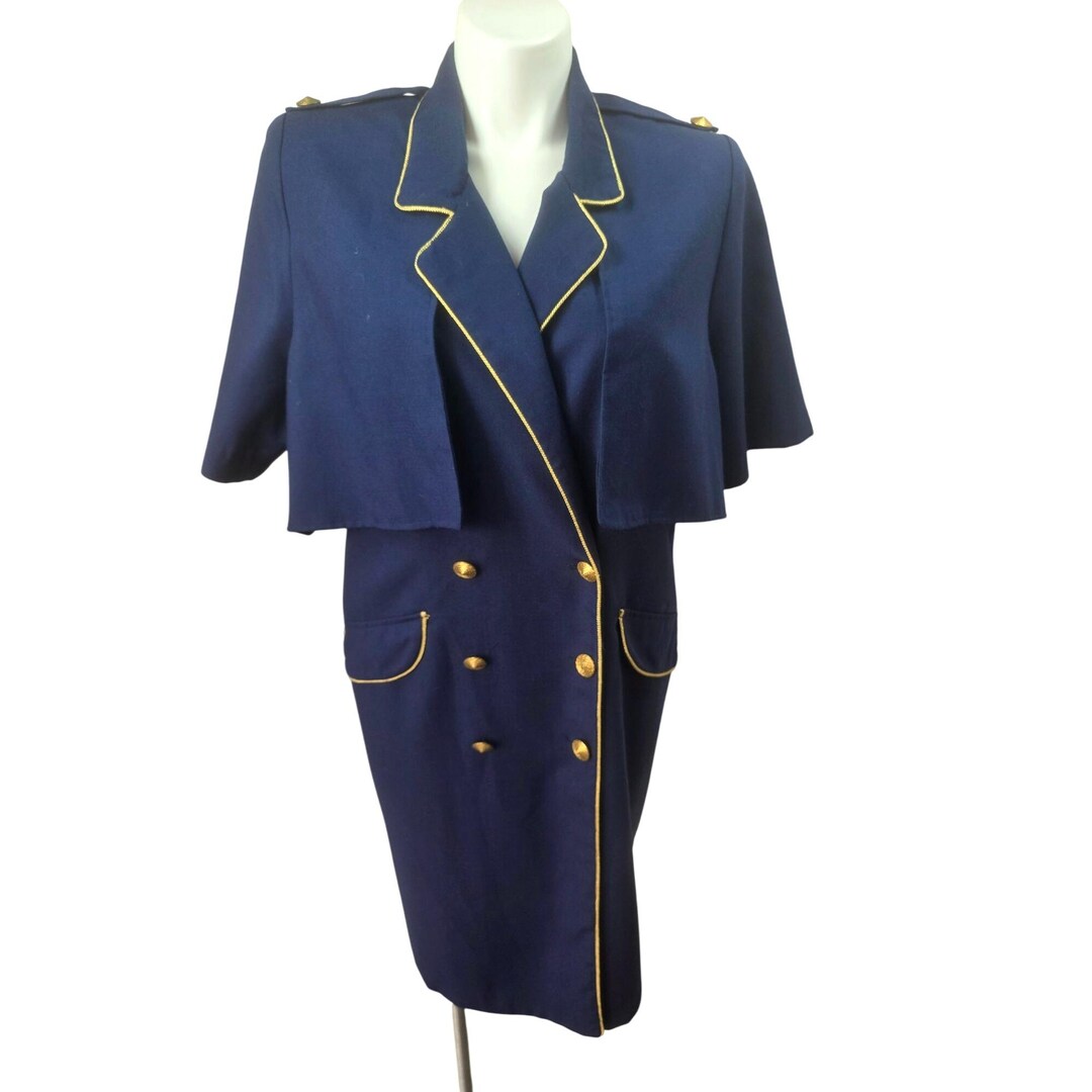 Vintage Allison Blair Navy Military Dress 16W Gold Trim Epaulets Double ...