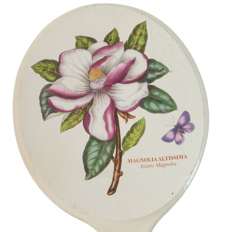 Vintage Ivory Painted Wood Hand Mirror Magnolia Altissima Flower Gloss ...