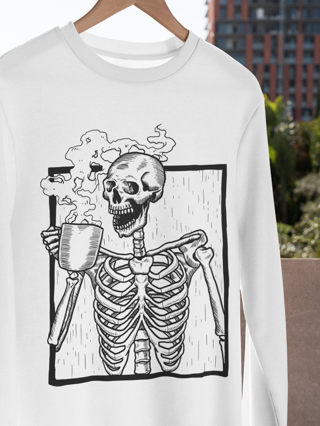 Womens Sweatshirt the Ripper Drinking Coffee Skeleton Oversized Crew ...