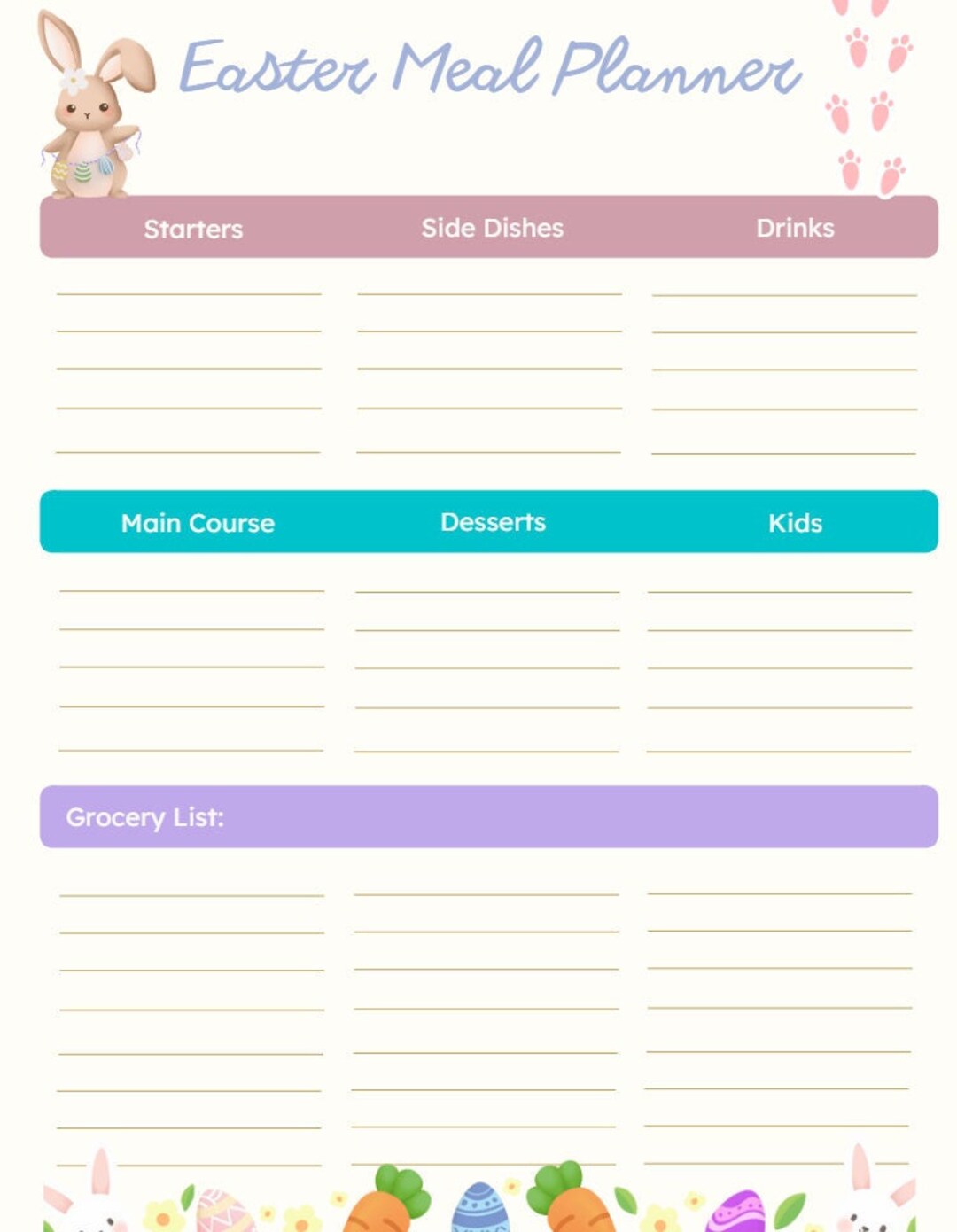 Easter Meal Planner Printable Checklist Template Legal Letter Instant ...