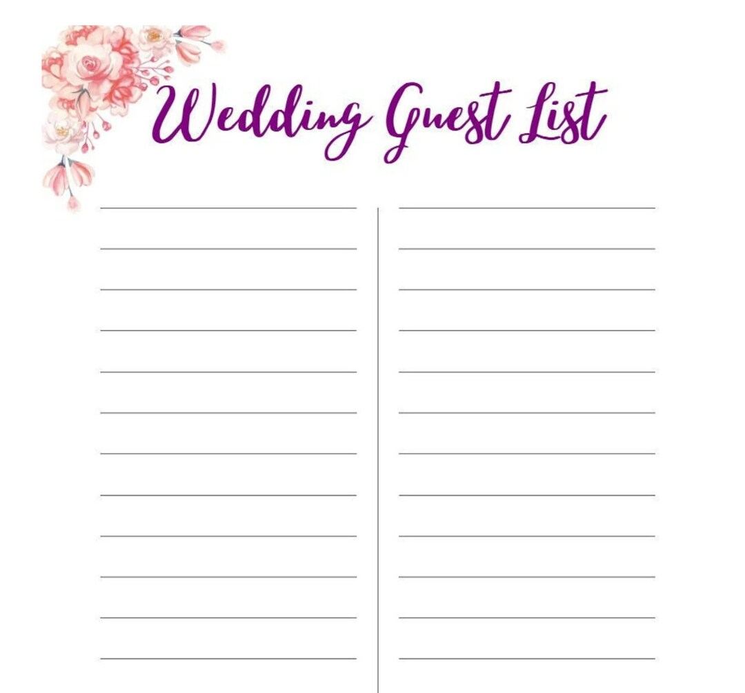 Wedding Guest List Blank Template for Bride and Groom Planner Legal ...