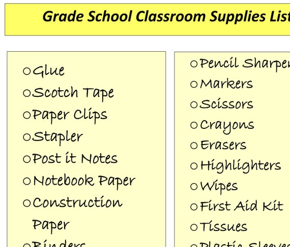 Grade School Classroom Supplies List for Teachers - Etsy