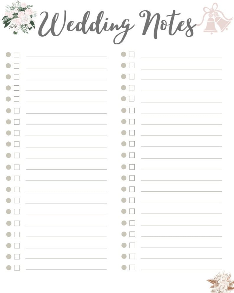 Wedding Notes Printable Blank Template for Planner, Instant Download ...