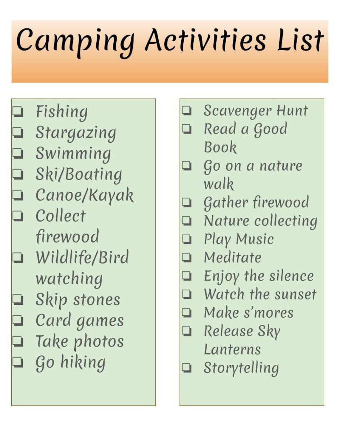 Printable Camping Outdoor Activities List Fun Digital Print | Etsy