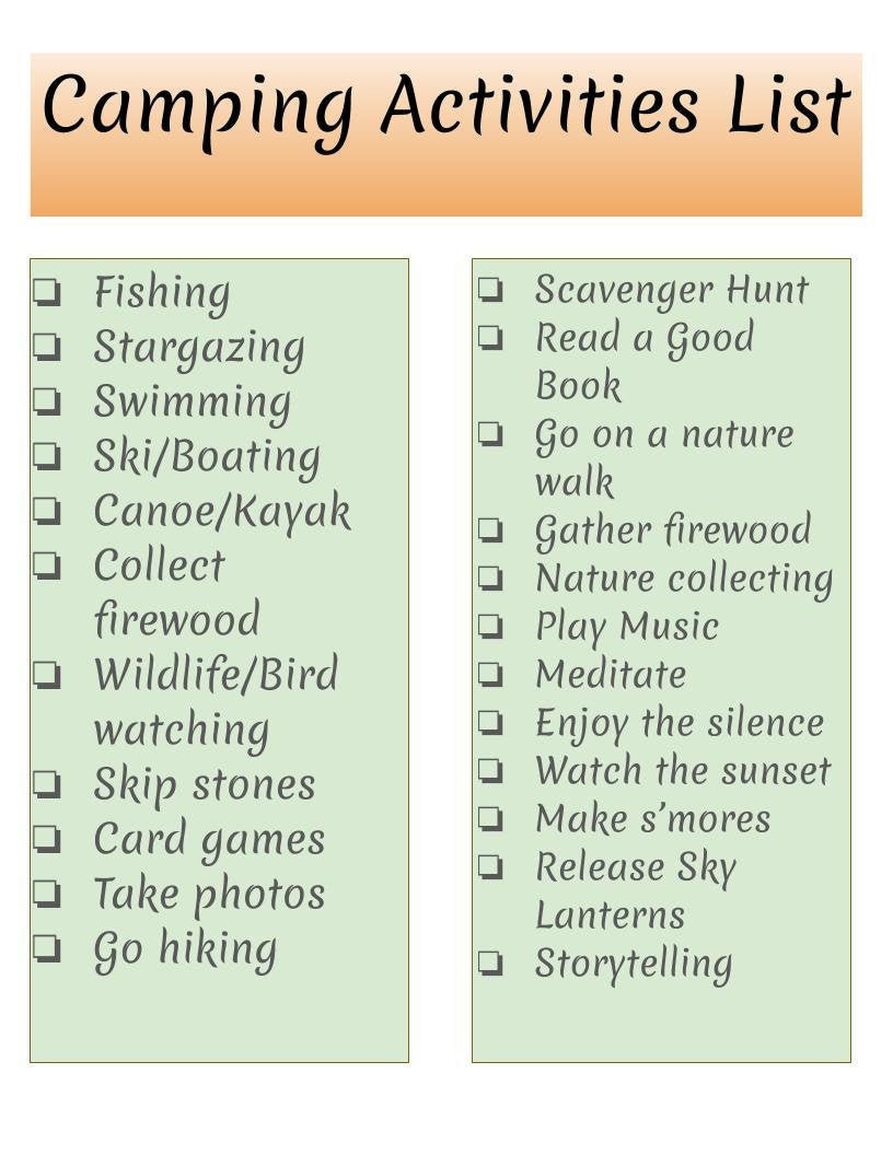 Printable Camping Outdoor Activities List Fun Digital Print | Etsy