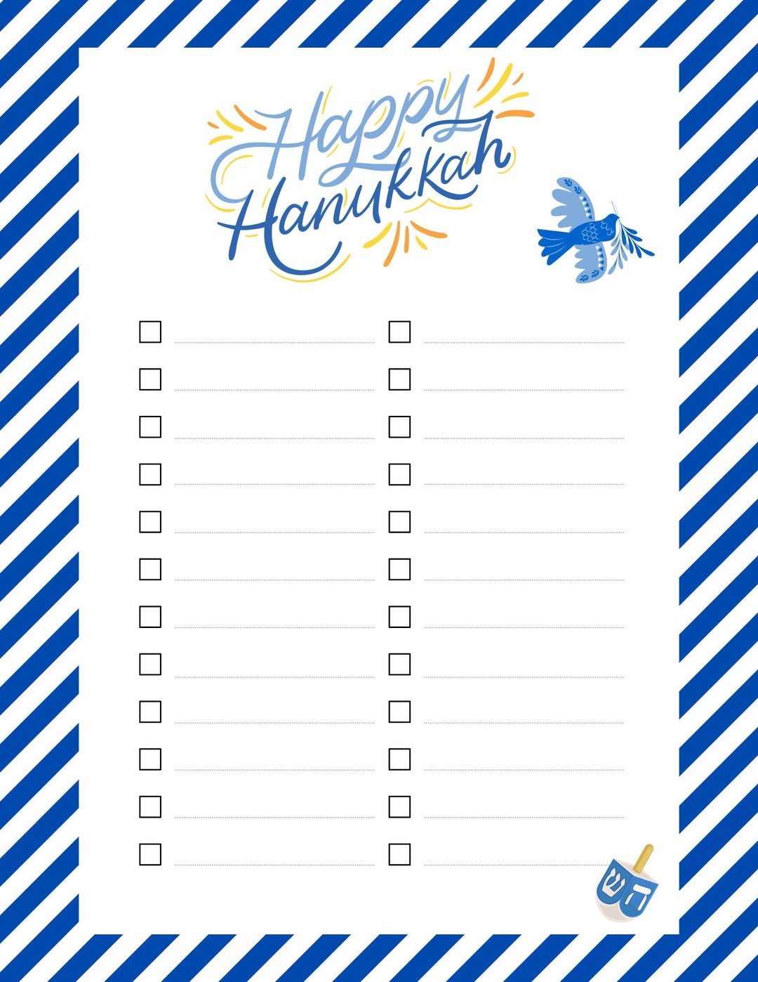 Happy Hanukkah Blank Printable Checklist for Planner Notes and Jewish ...