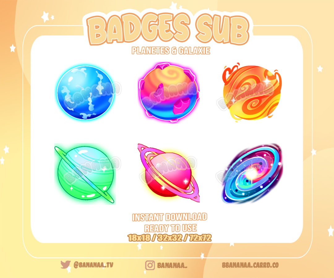 Pack 6 Badges planètes et galaxie | P2U | Sub badges | Twitch et autres ...