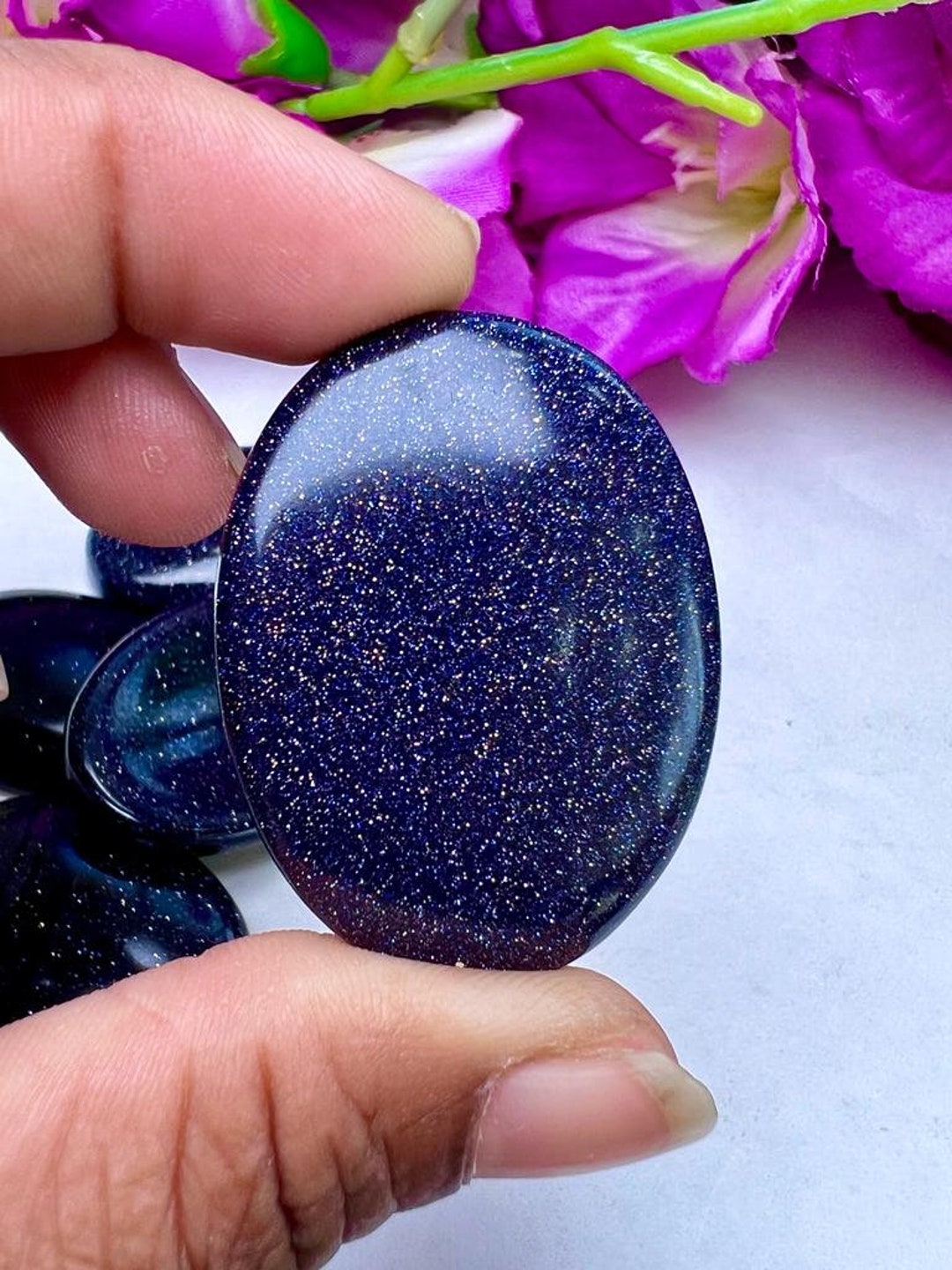 Blue Gold Stone Sun Sitara Oval Shape Worry Stone-pocket Palm Stone ...