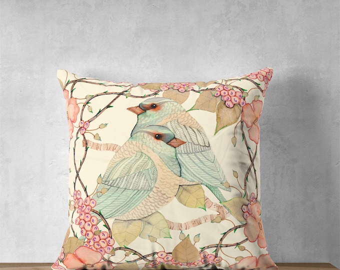 Hand Drawn Two Birds in Tree Pillow Cover Chinoiserie Throw Pillow ...