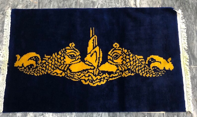 Handmade US Navy Submarine Warfare Rug | Dolphin Insignia | Blue and ...