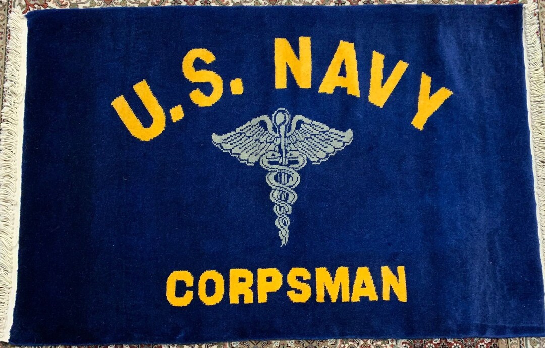 Handmade US Navy Corpsman Rug Medical Caduceus Emblem Blue and Gold ...