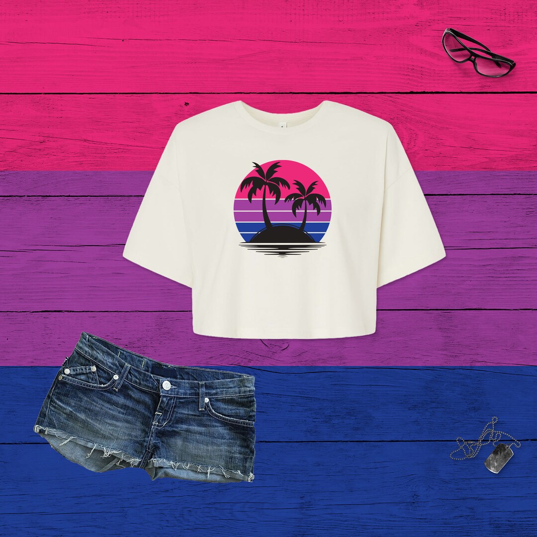 LGBT Minimalist Sunset Island Jersey Crop Tee, Tropical Beach Pride ...
