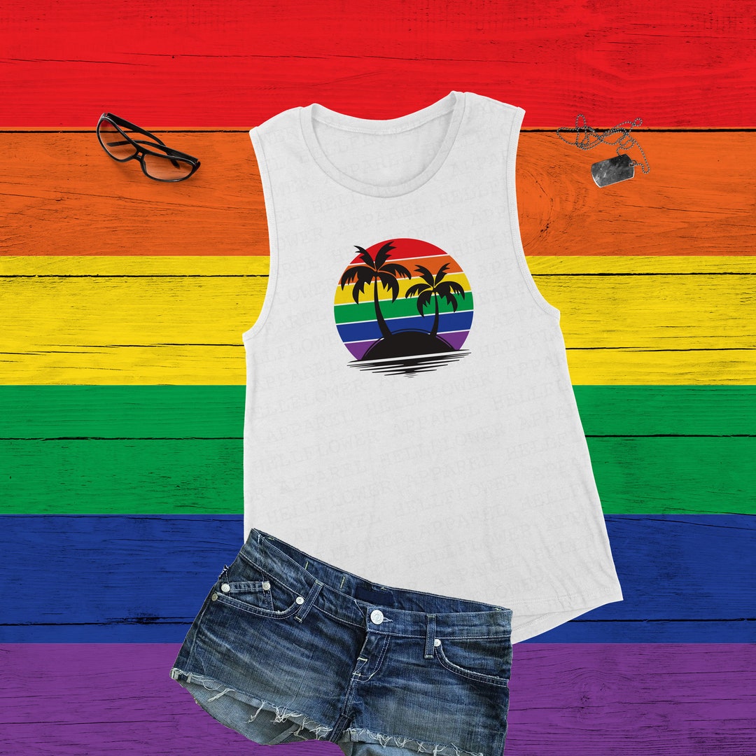 Gay Pride Sunset Island Muscle Tank Top, Women's Tropical Island Pride ...