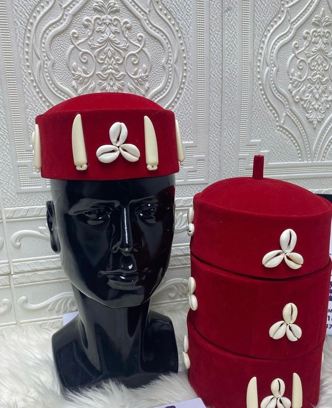 Red Igbo Cap With Cowries. Chief Cap for Men. Nigerian Wedding Hat for ...