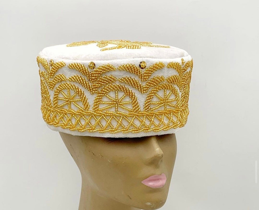 Ivory and Gold Velvet Beaded Cap for Men. African Mens Hat. Grooms Hat ...