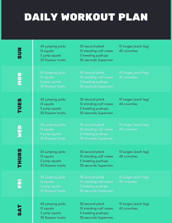 Printable Daily Workout Plan | Etsy