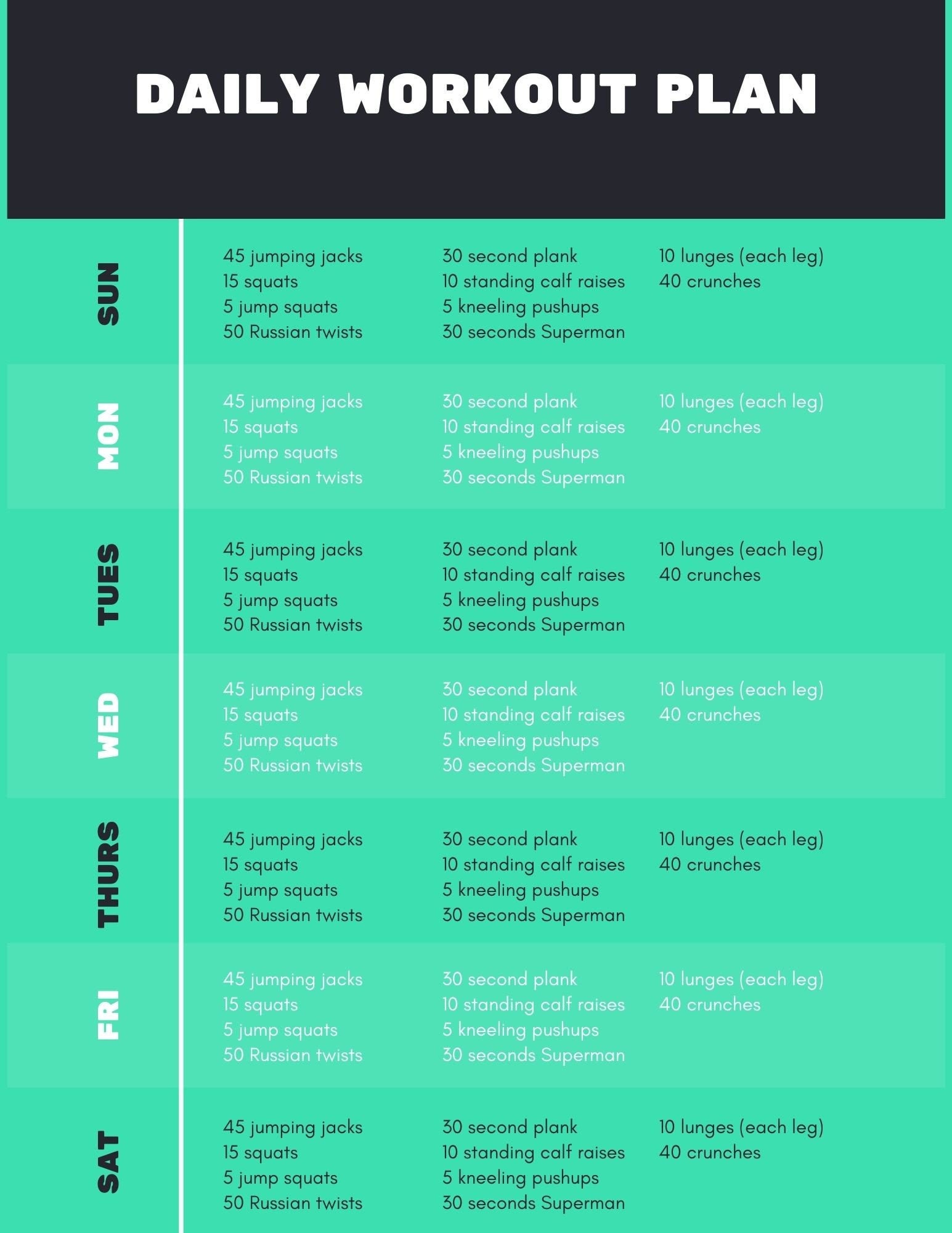 Printable Daily Workout Plan | Etsy