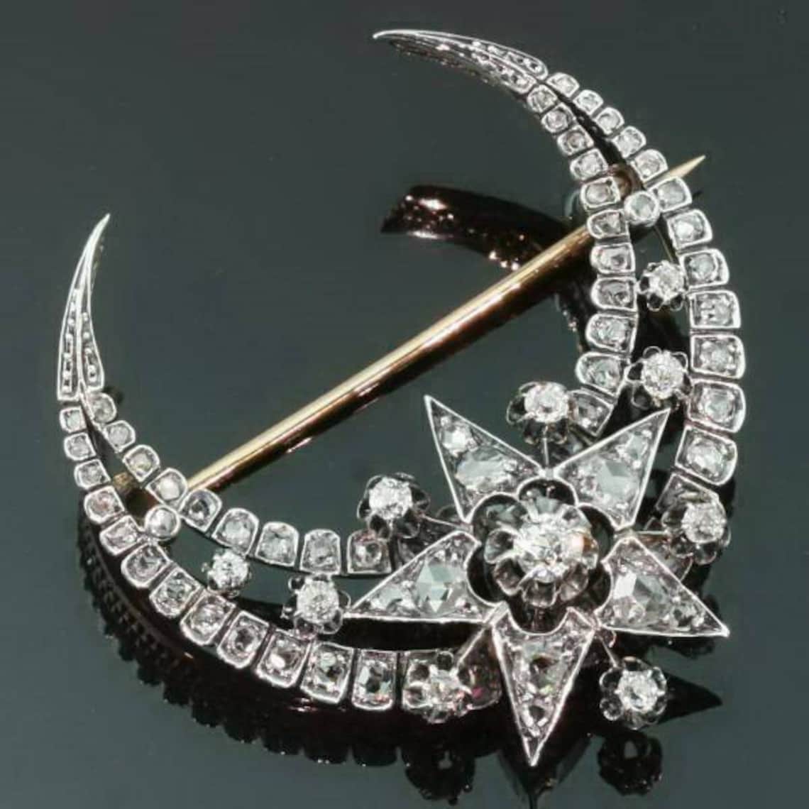 Crescent Moon Brooch Rosecut Diamond Brooch Silver Purity | Etsy