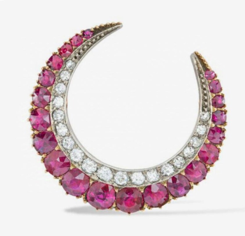 Crescent Ruby and Zircon Moon Brooch, Zircon Silver Purity 92.5 ...