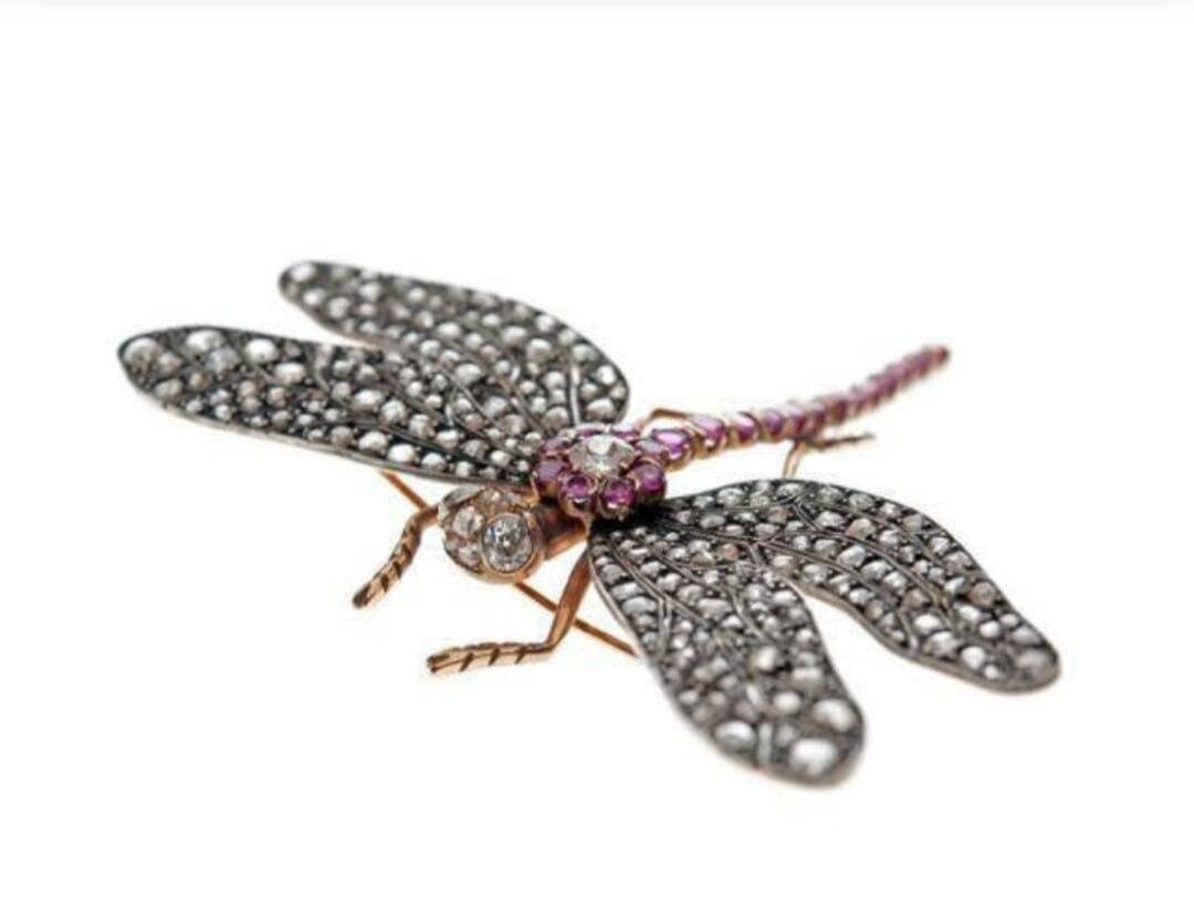 Victorian Rose Cut Diamond Dragonfly Brooch ,ruby Silver Brooch ...