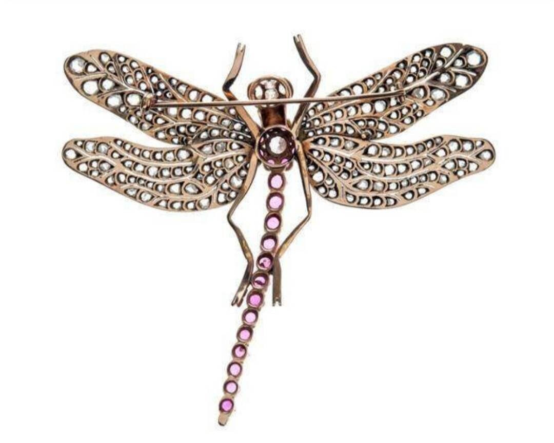 Victorian Rose Cut Diamond Dragonfly Brooch ,ruby Silver Brooch ...