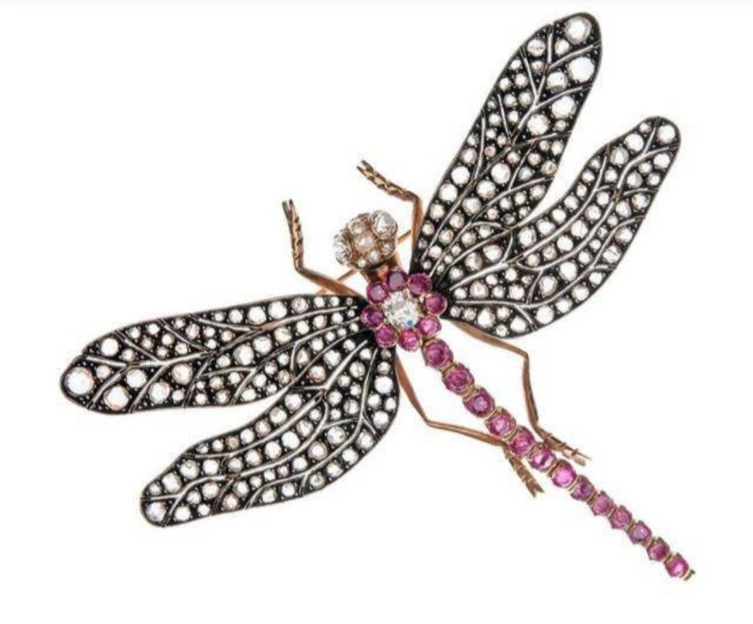Victorian Rose Cut Diamond Dragonfly Brooch ,ruby Silver Brooch ...