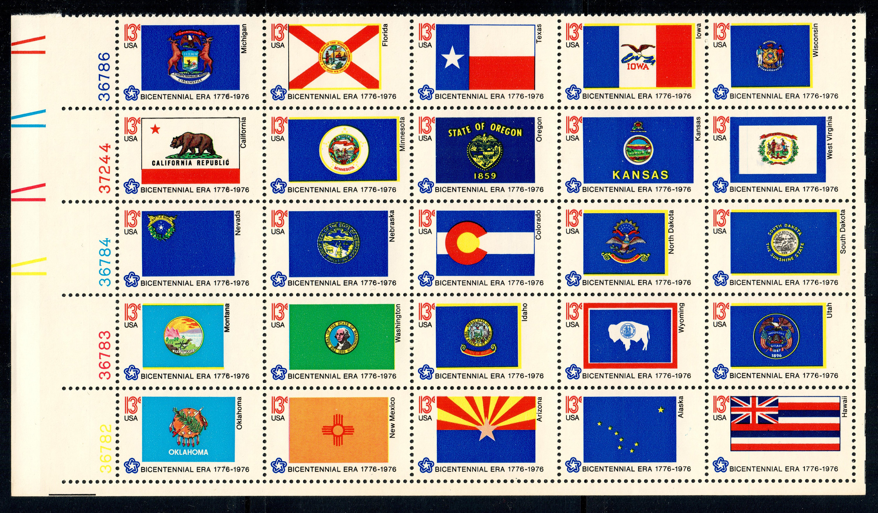 Half-sheet of 25 Unused State Flag Stamps -13c - 1976 - Unused Vintage ...