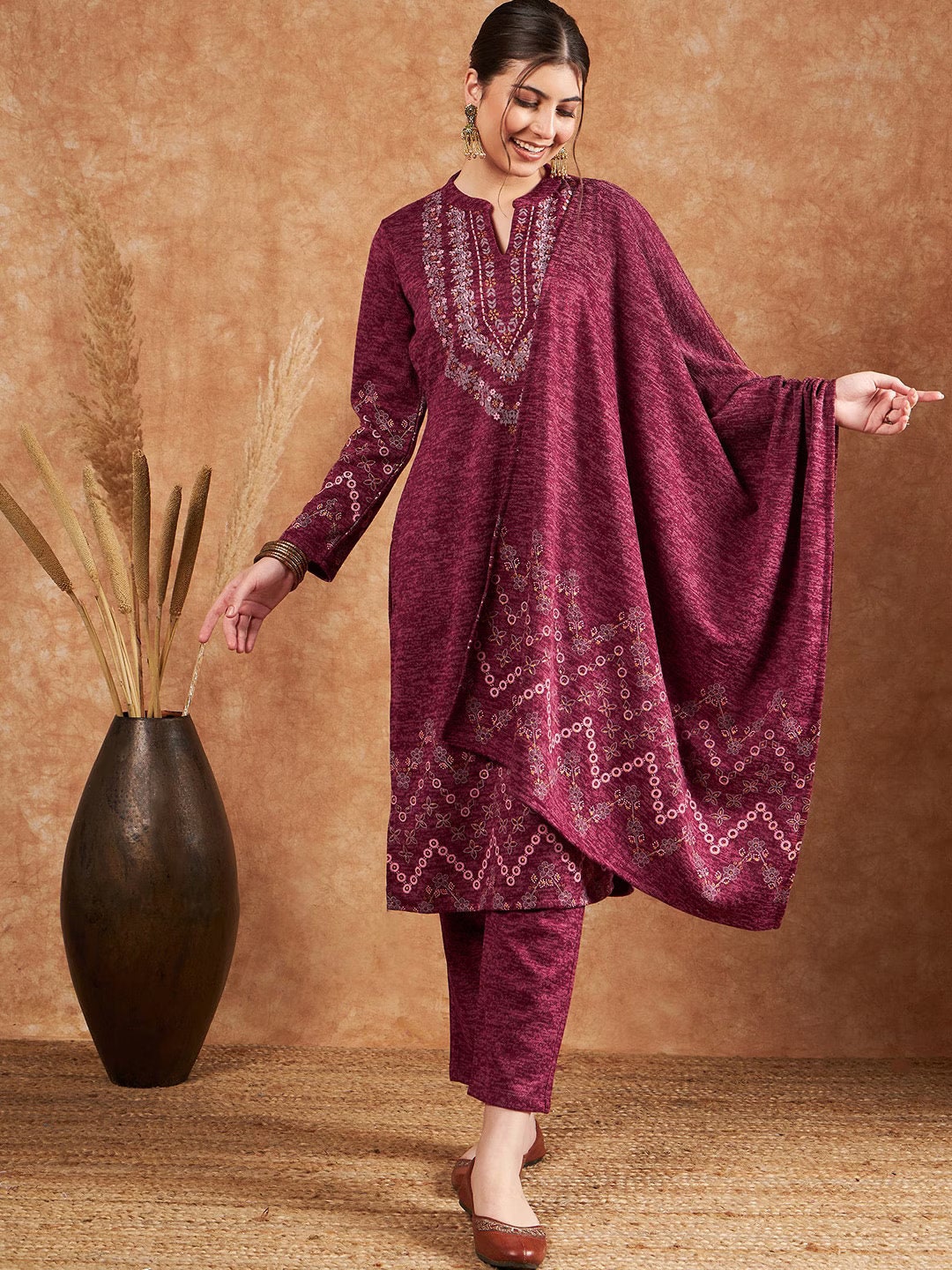 Winter Woolen Kurta Set Maroon & White Floral Printed Kurta Trousers ...