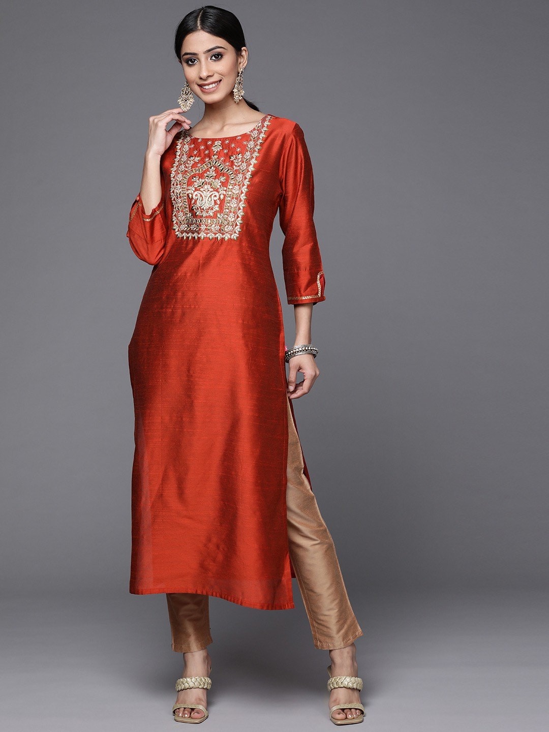 Silk Kurta Sets Women Silk Salwar Kameez Readymade Party Wear Kurta & Kurti Sets Rust Orange ...